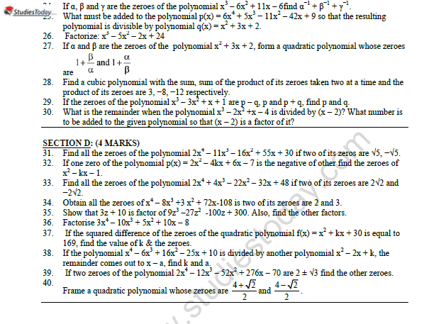 CBSE Class 10 Mathematics Polynomials Worksheet Set A CBSE Class 10 Mathematics Polynomials Worksheet Set A